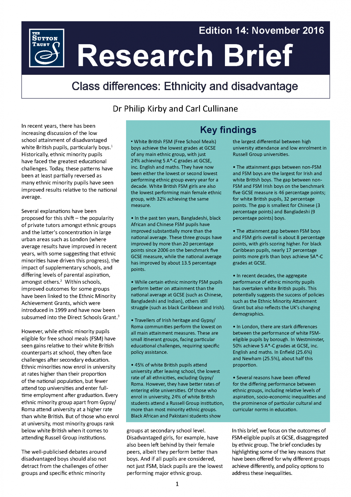 Class differences: Ethnicity and disadvantage - The Sutton Trust