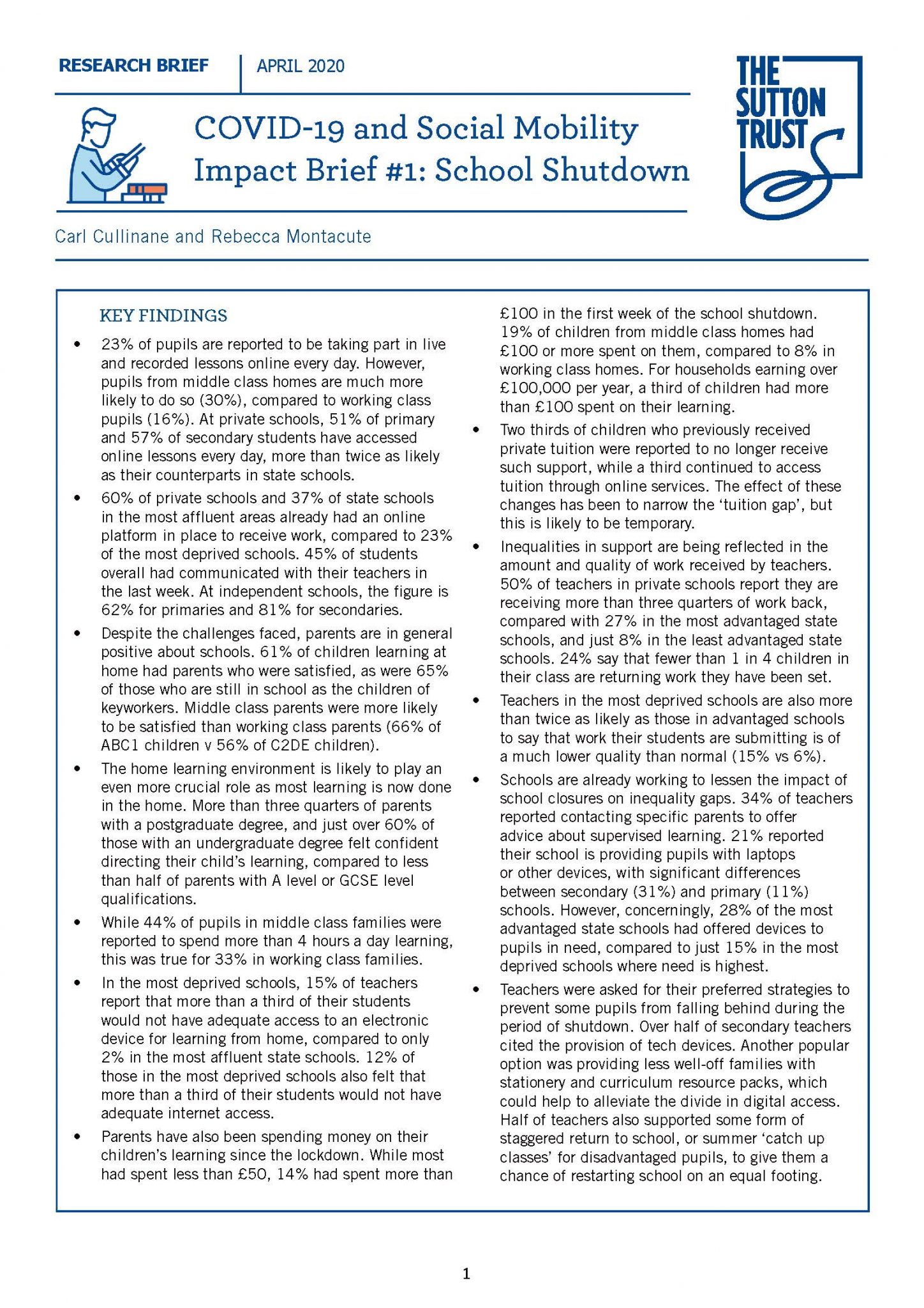 COVID 19 Impacts School Shutdown Sutton Trust
