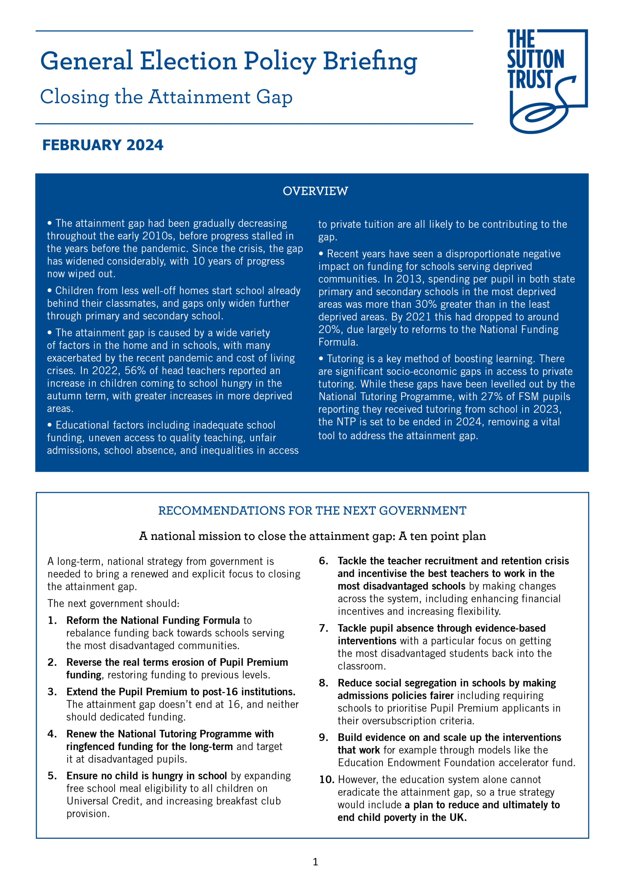 Closing the attainment gap - The Sutton Trust